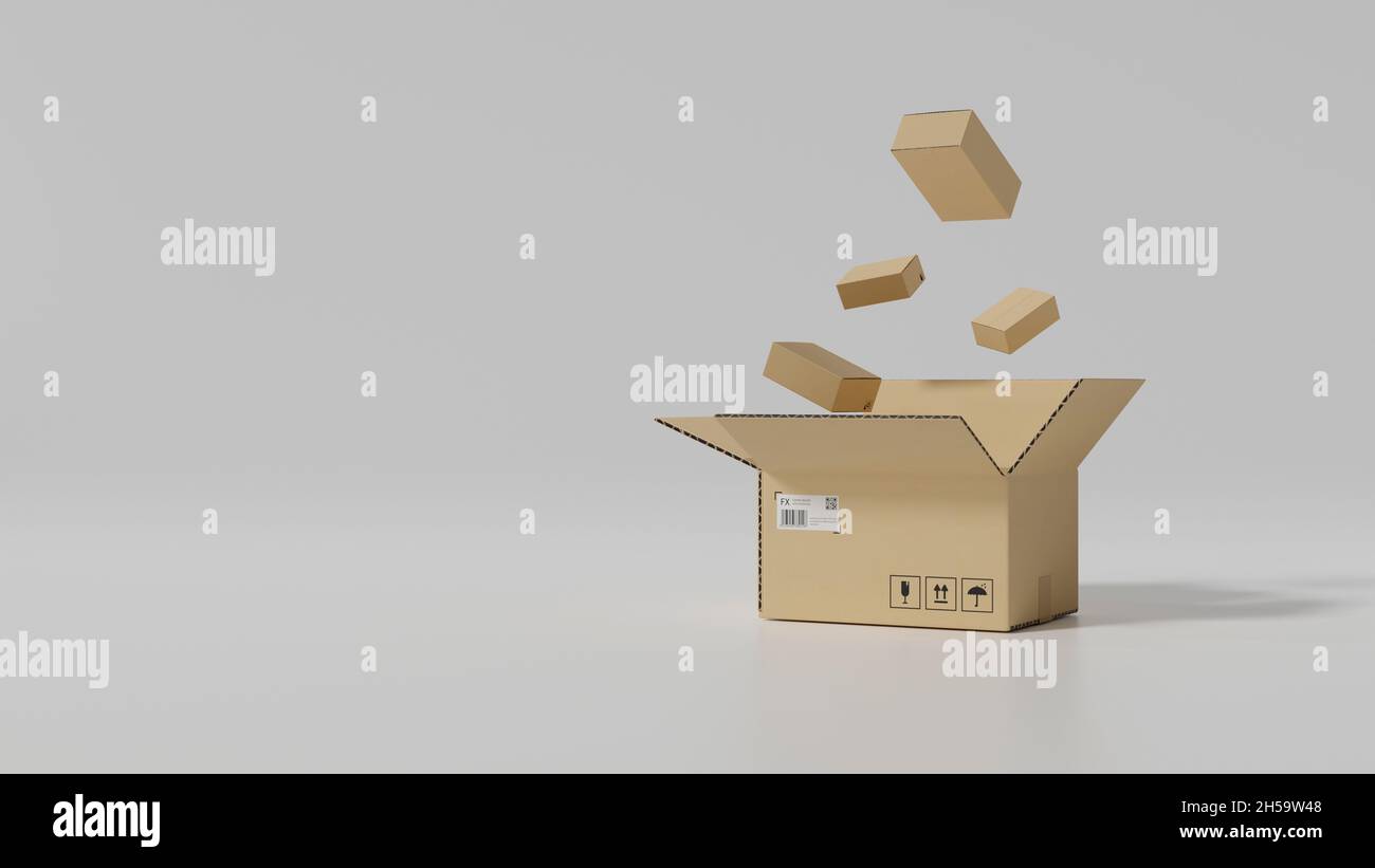 Different size of cardboard boxes and opened parcel box on white ...