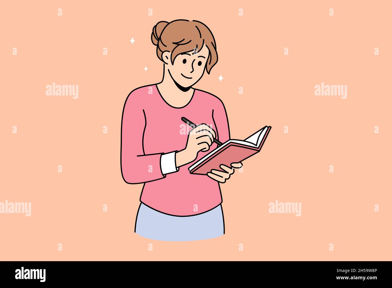 Making notes and writing diary concept. Young smiling woman cartoon ...