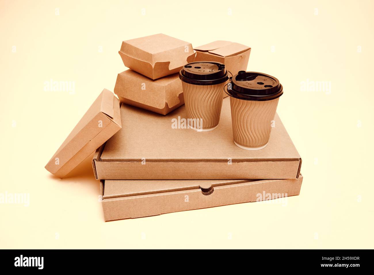 Cardboard food containers for takeaway of delivery service. Pizza, pie ...