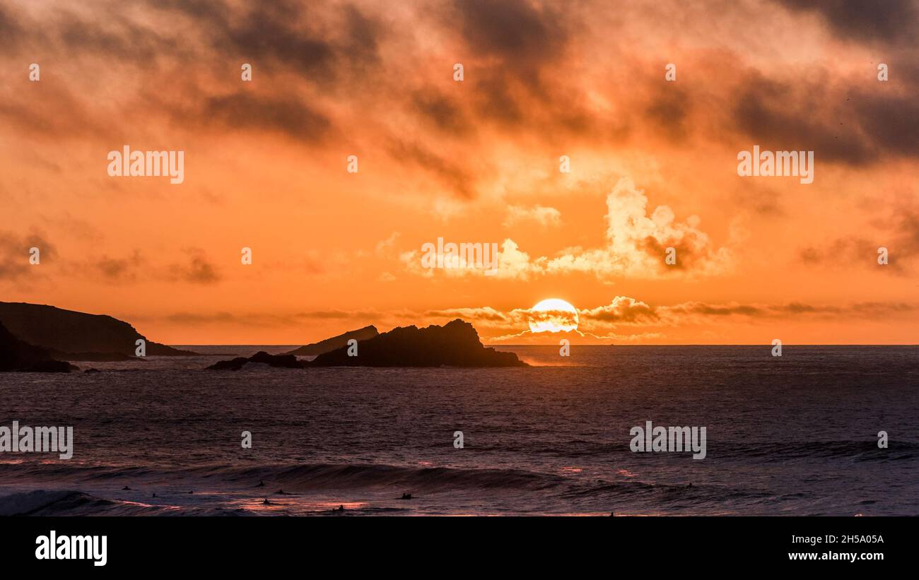 A panoramic image of a spectacular sunset over Fistral Bay in Newquay ...
