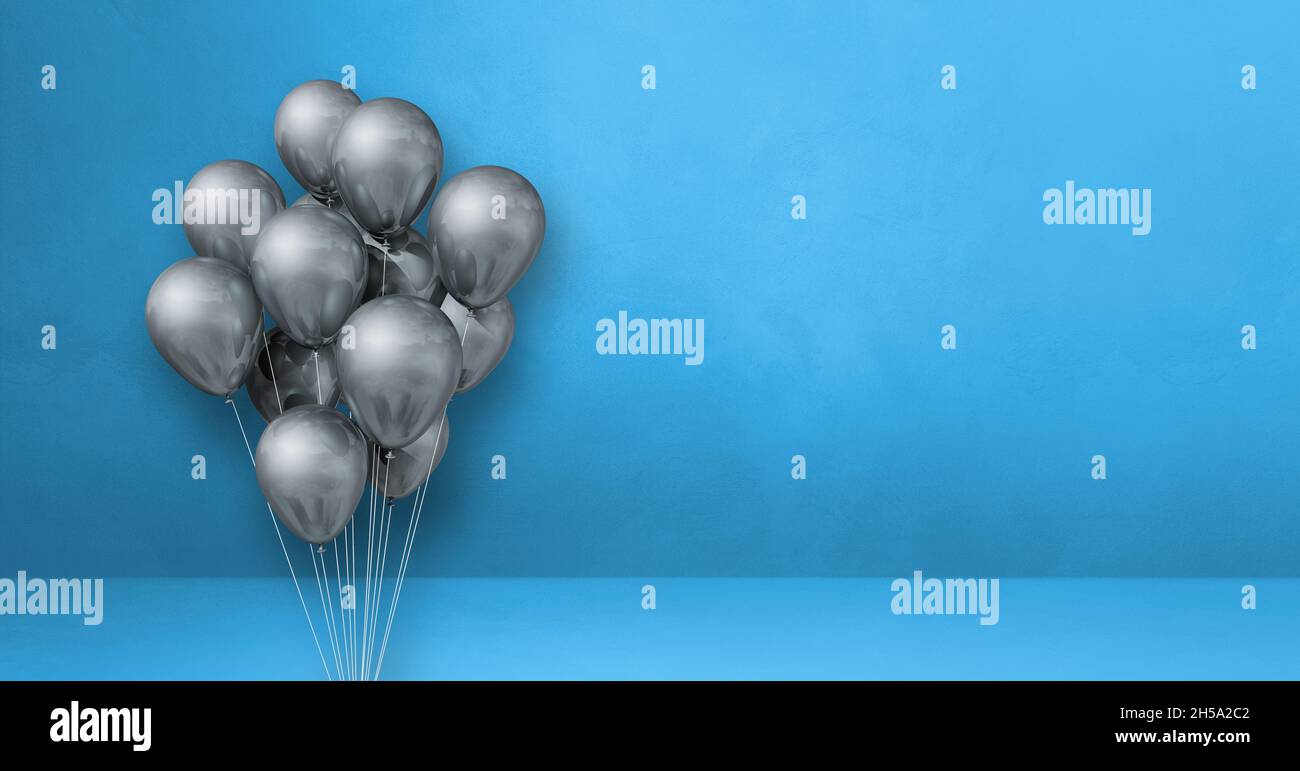 Silver balloons bunch on a blue wall background. Horizontal banner. 3D ...