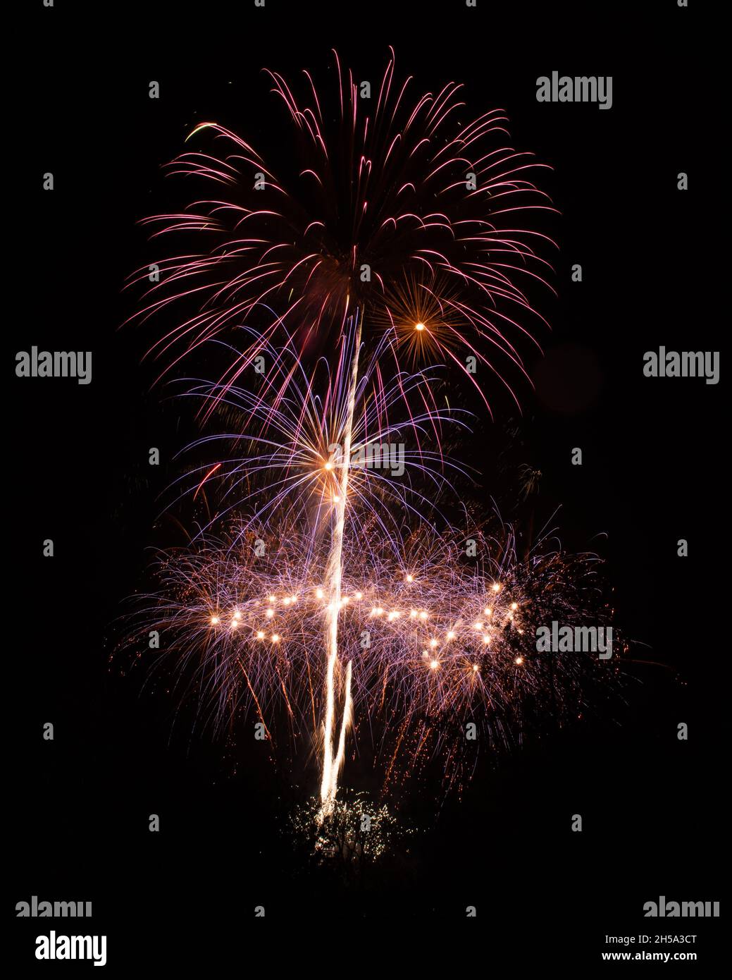 Portrait orientation exploding Fireworks rockets at night. Celebration ...