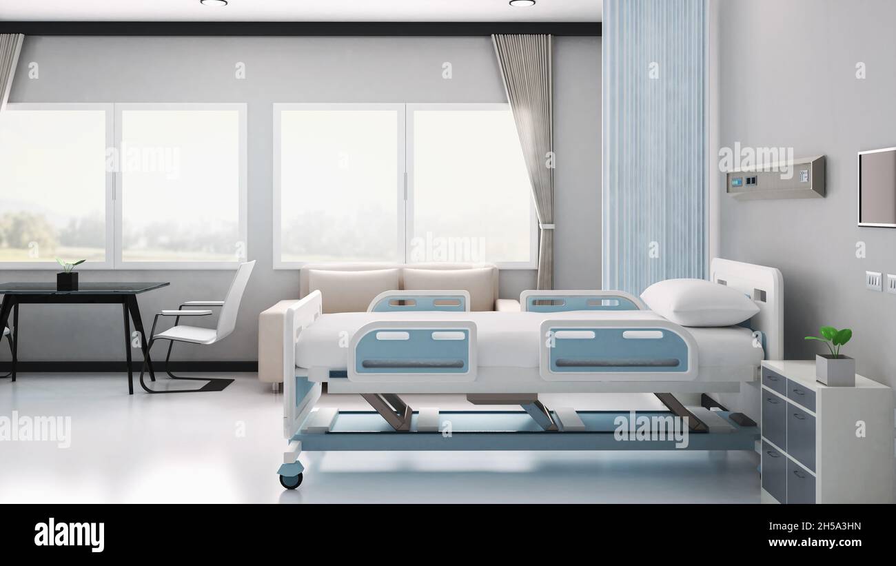 3d rendering hospital interior in recovery or inpatient room with bed ...
