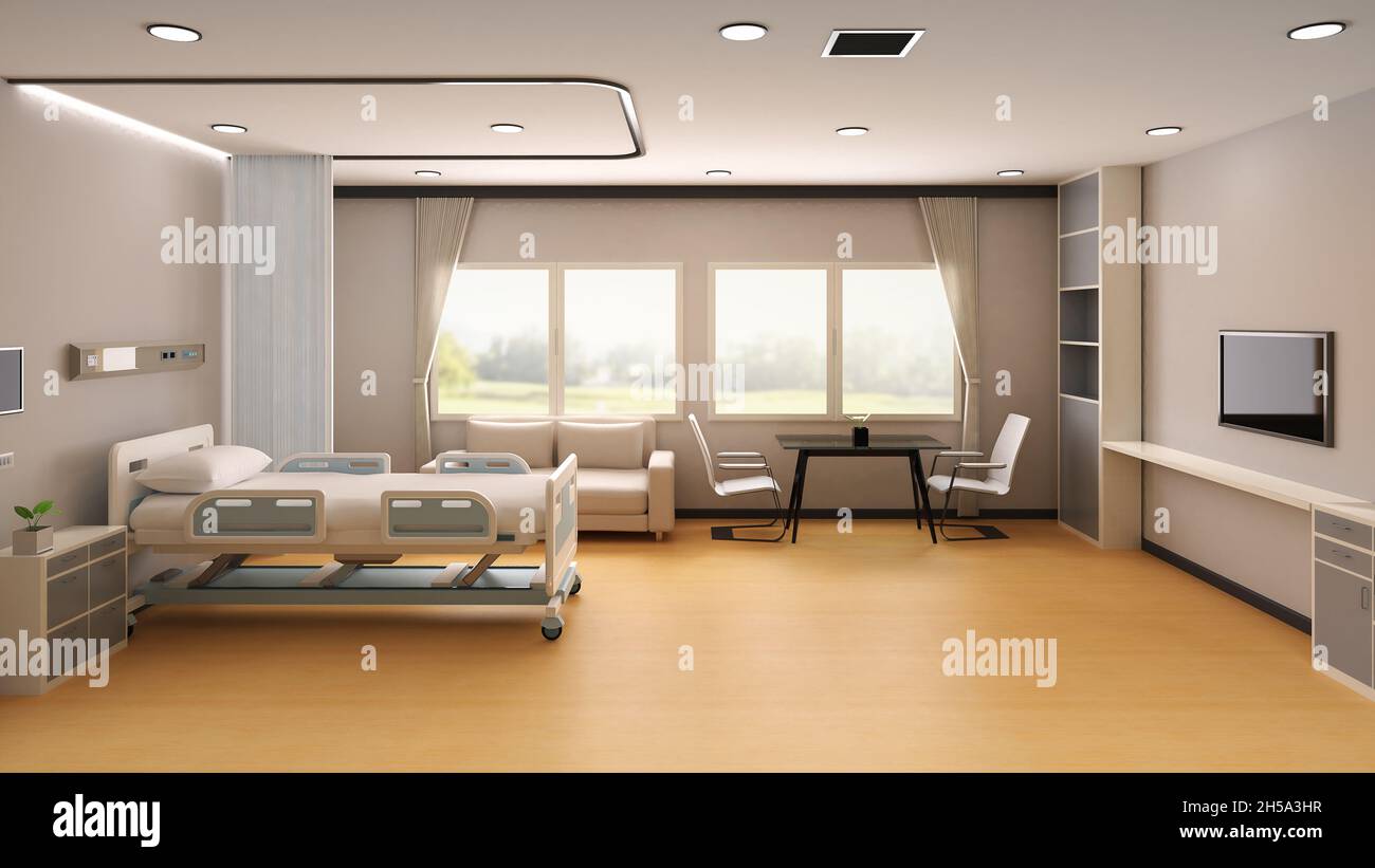 3d rendering hospital interior in recovery or inpatient room with bed ...