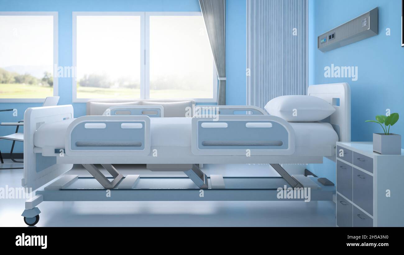 3d rendering hospital interior in recovery or inpatient room with bed ...