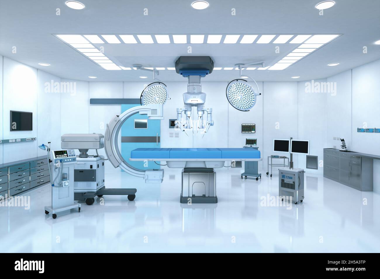 3d rendering hospital surgery room with C-Arm machine and surgery robot ...