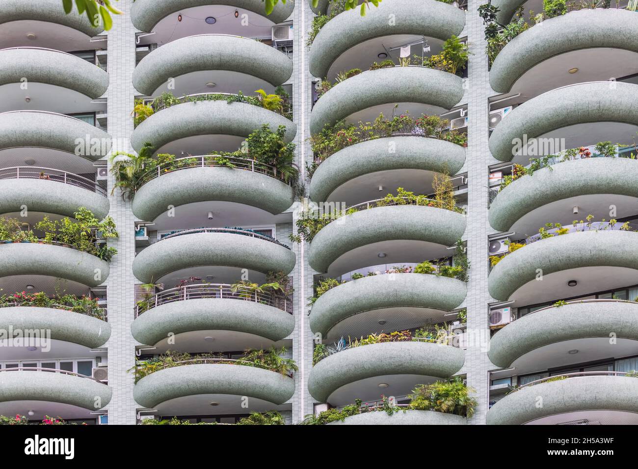 Abstract view of round balcony of a residential apartment, building ...