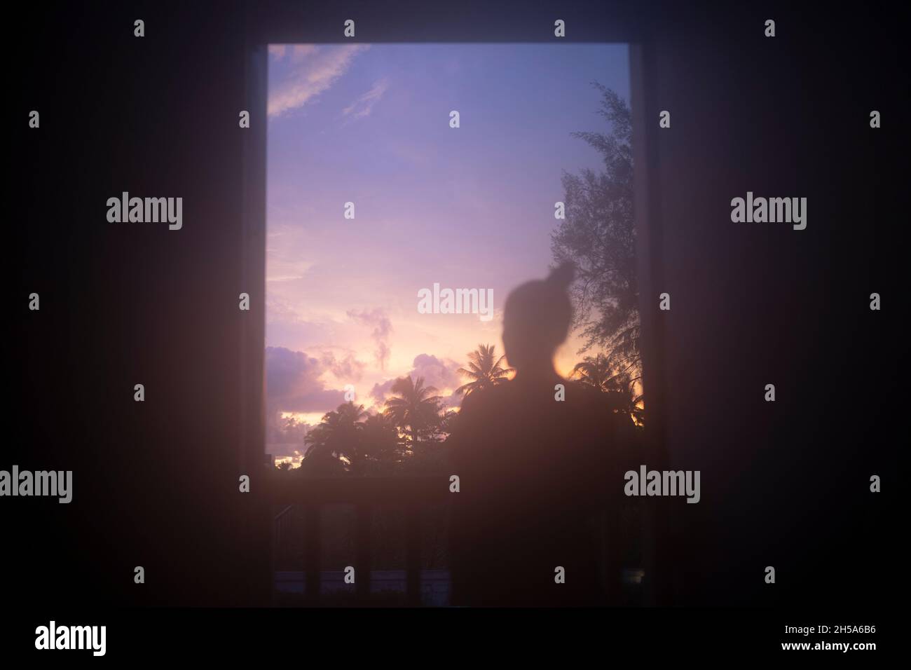 a woman watches the beautiful purple colors of the sunset through the ...