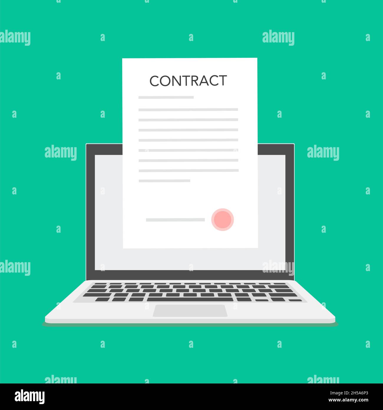 Online electronic smart contract document on laptop, paper document ...