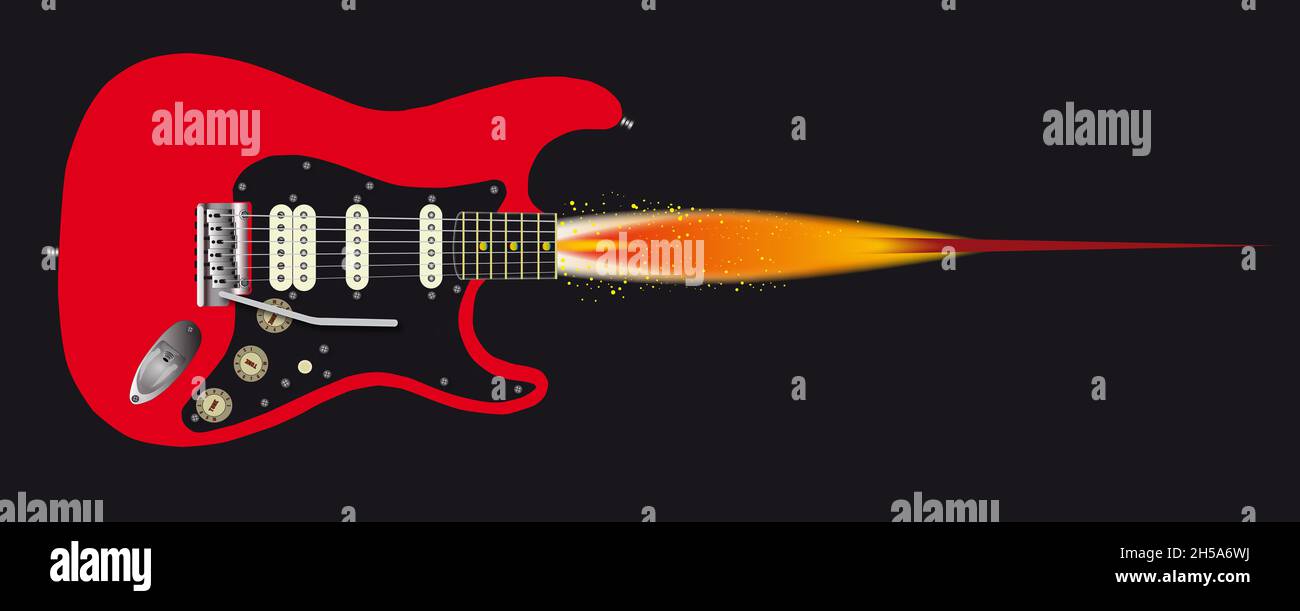 A red electric guitar rocket spouting exhaust flames from the neck as a ...