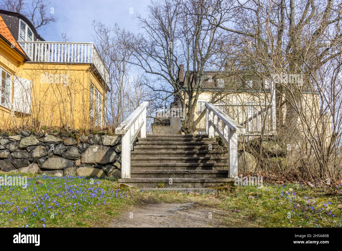 Stockholm, Sweden - April 6, 2021: Old swedish wooden house with stairs ...