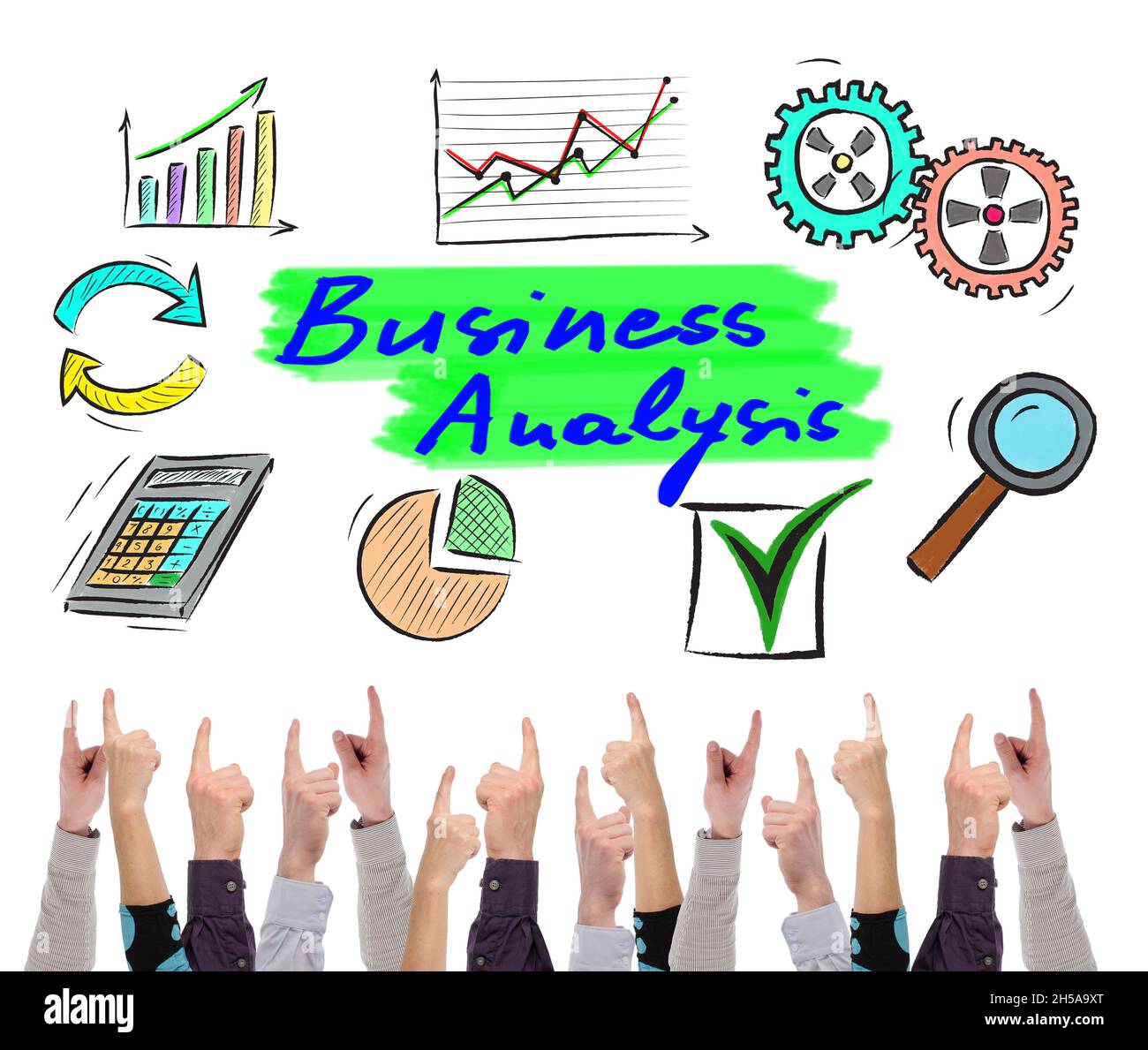 Business analysis concept on white background pointed by several ...