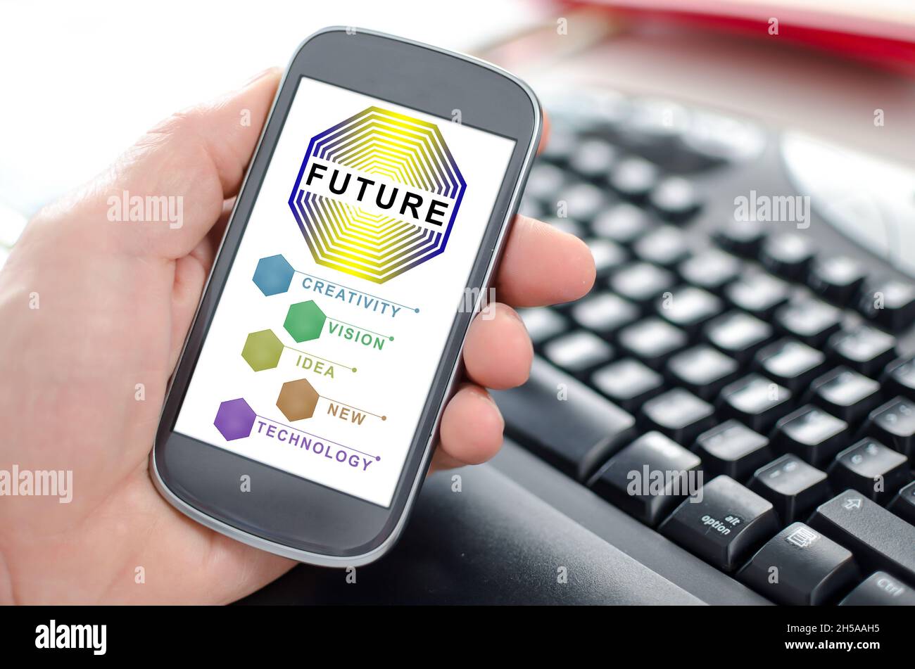 Hand holding a smartphone showing a future concept Stock Photo - Alamy