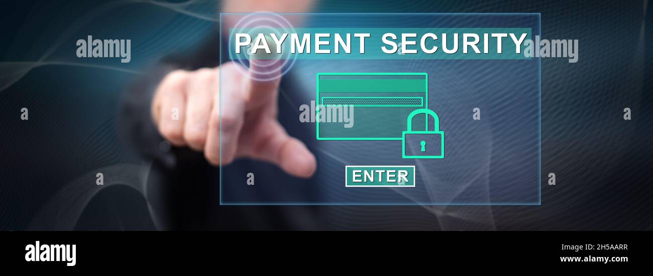 Man touching a payment security concept on a touch screen with his ...