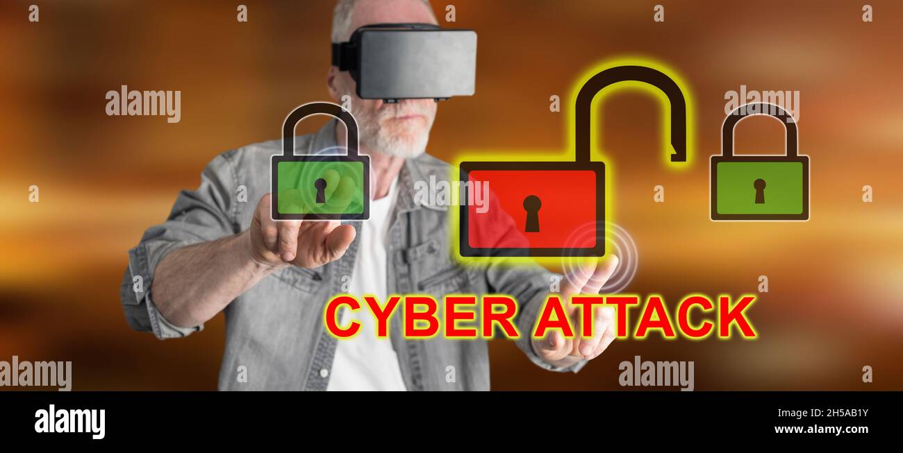 Man with vr headset touching a cyber attack concept on a touch screen ...