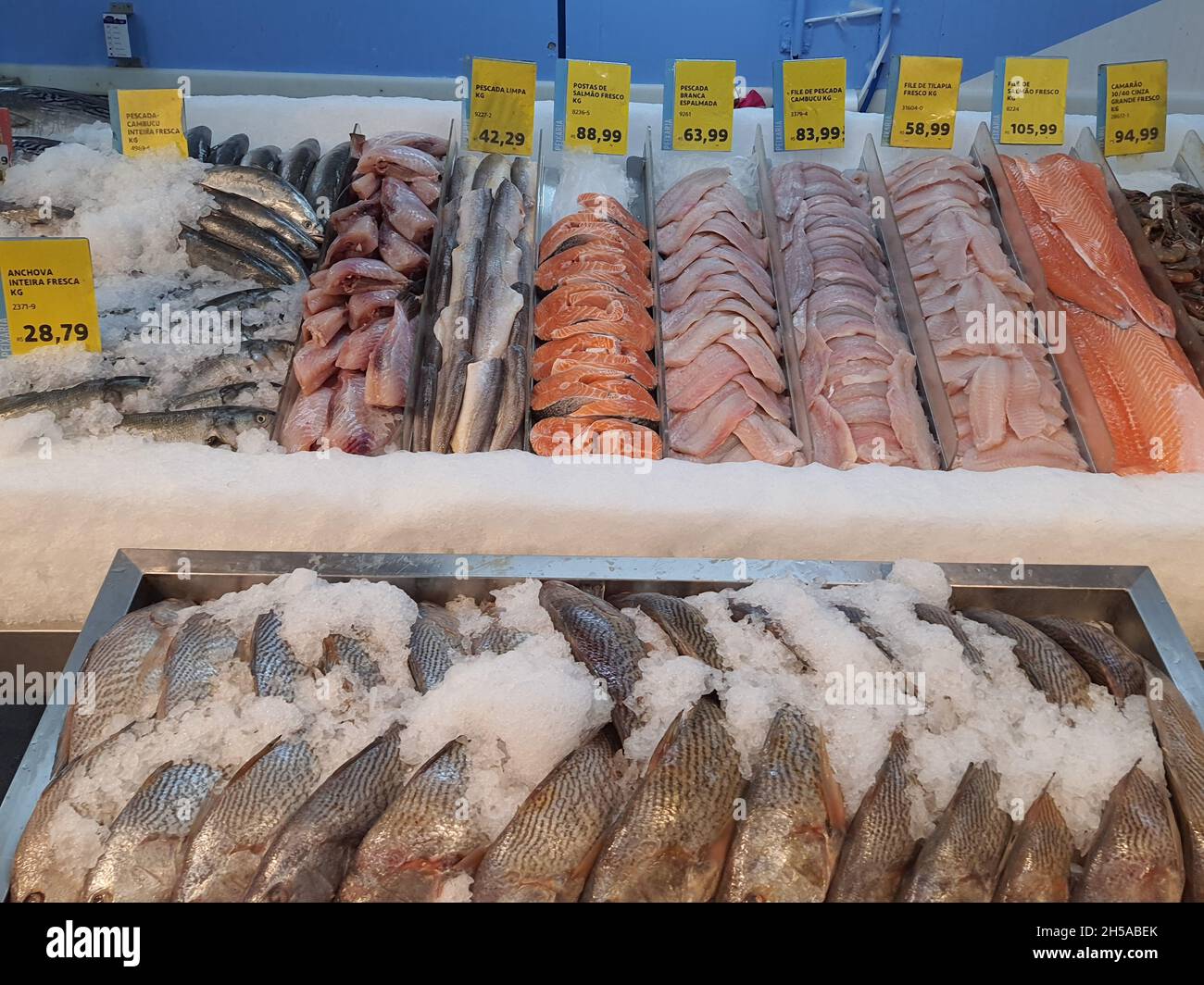 Raw fish on ice, various types, chopped at the fish market in a market ...