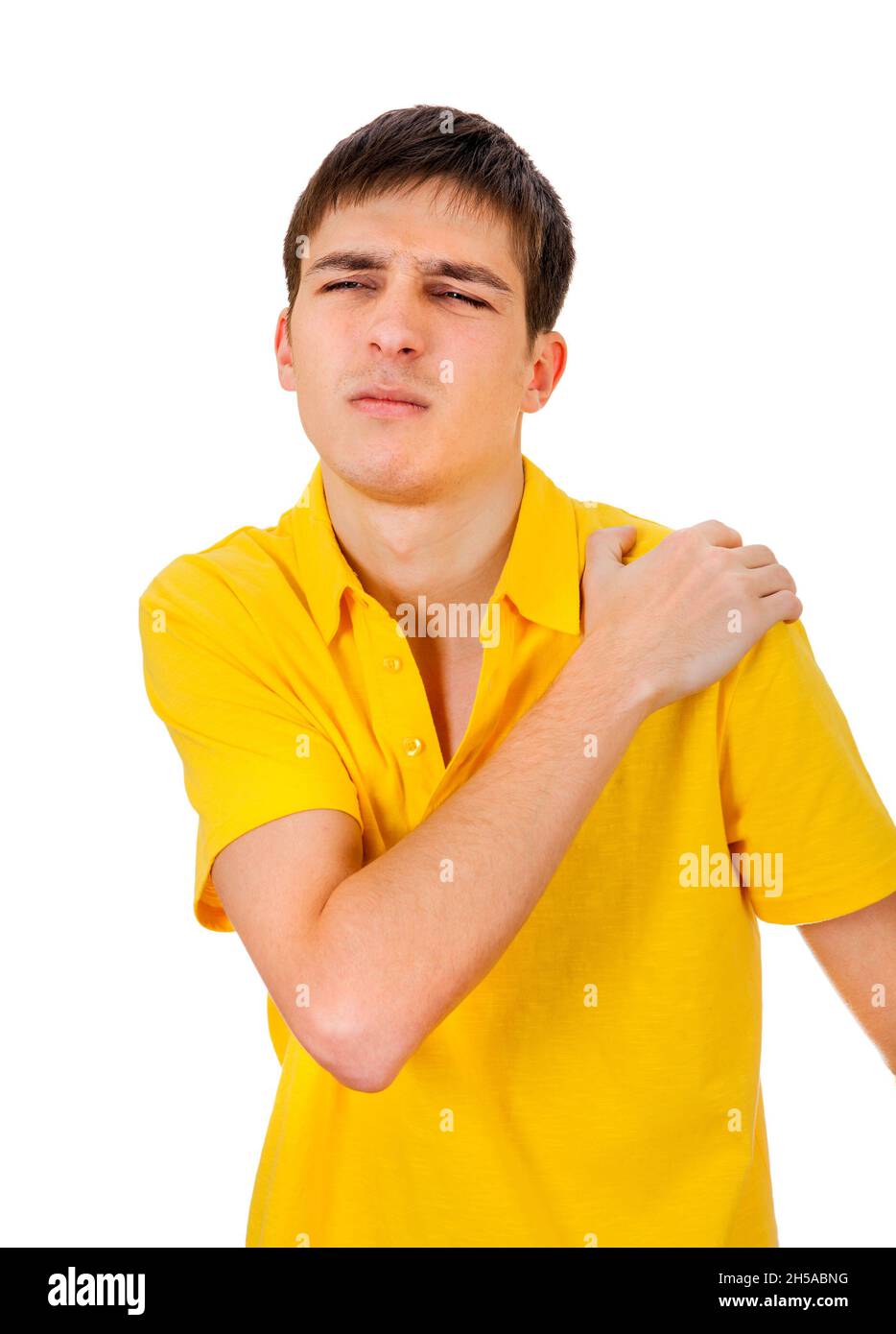 Young Man feel a Pain in the Shoulder Isolated on the White Background ...