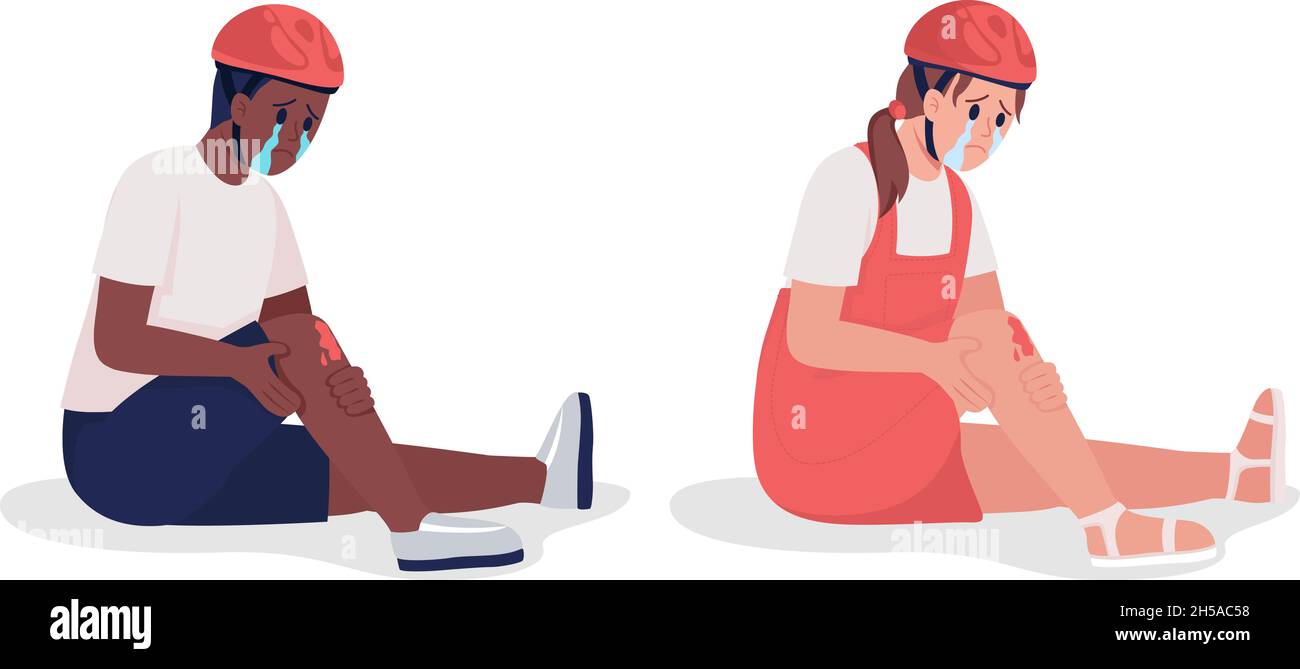 Crying child cyclists semi flat color vector characters set Stock ...