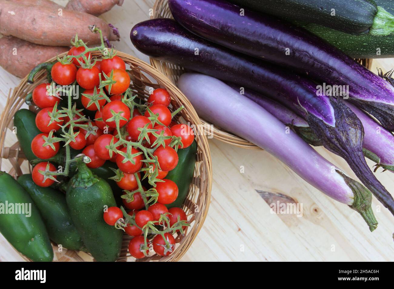 Fresh Summer Vegetables, Eggplant With Tomato and Jalapeno Peppers ...