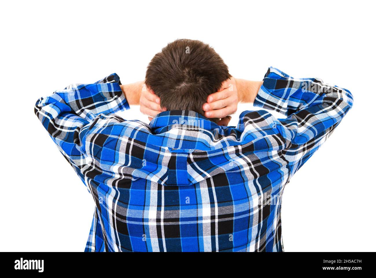 Rear View of Young Man Covering his Ears Isolated on the white ...