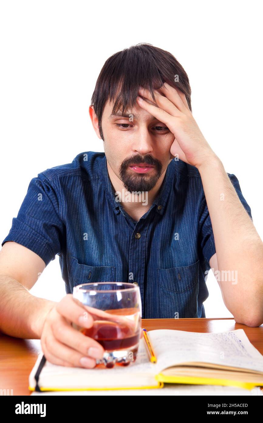 Sad Student with Alcohol on the Desk Isolated on the White Background ...