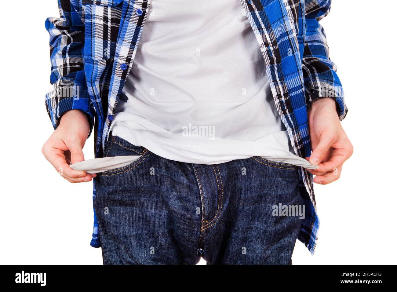 Man in Jeans shows the Empty Pockets Closeup on the White Background ...