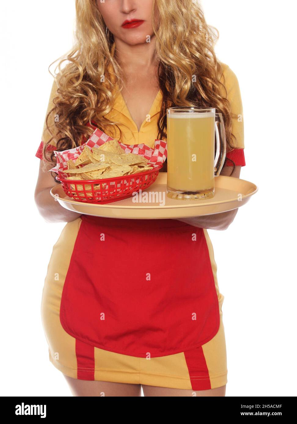 Waitress With Tortilla Chips and Beer on Serving Tray, White Stock ...