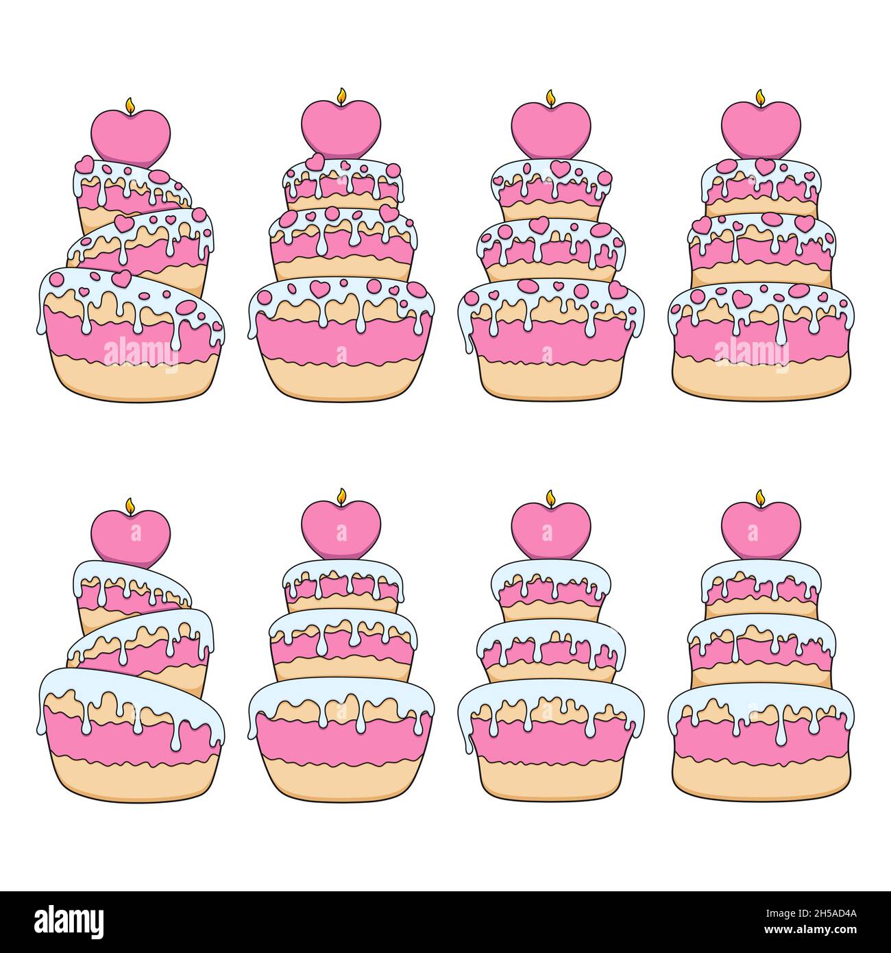 Set of color illustrations with pink and white cakes with hearts ...
