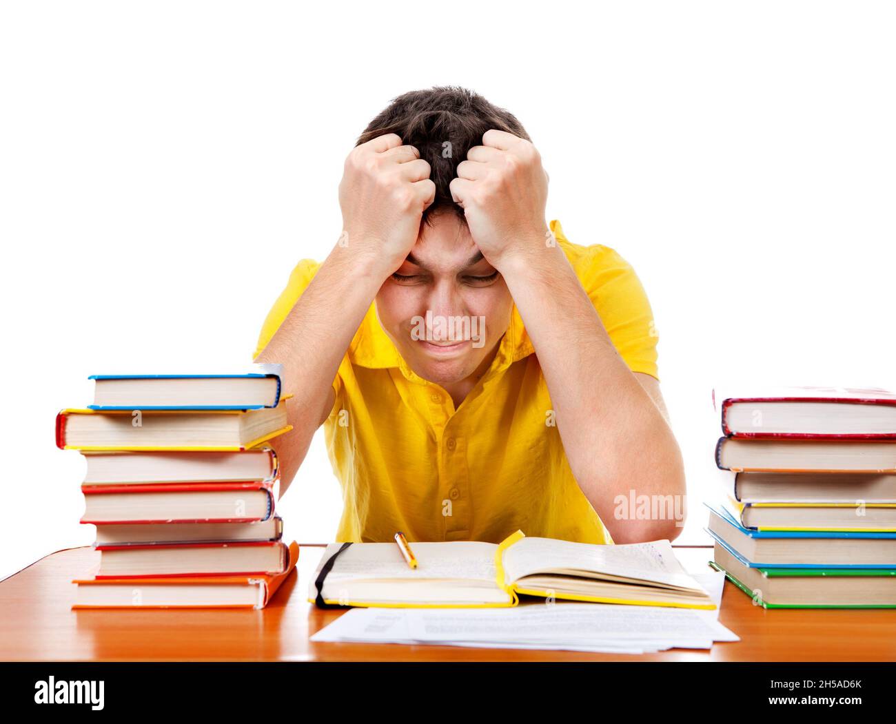 Troubled Student on the School Desk Isolated on the White Background ...