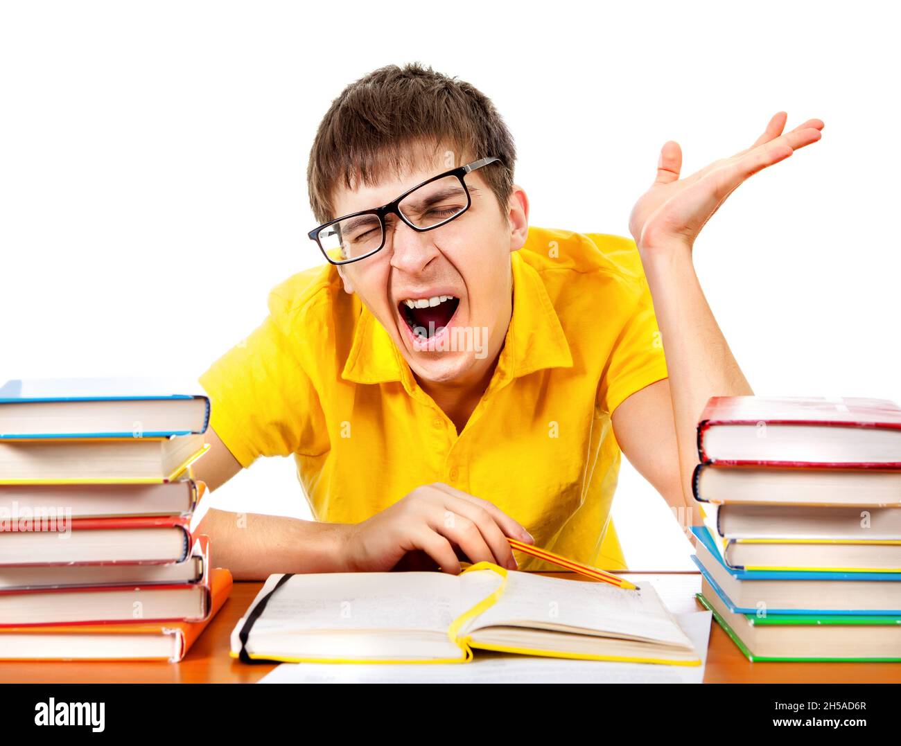 Tired Student Yawning on the School Desk Isolated on White Background ...