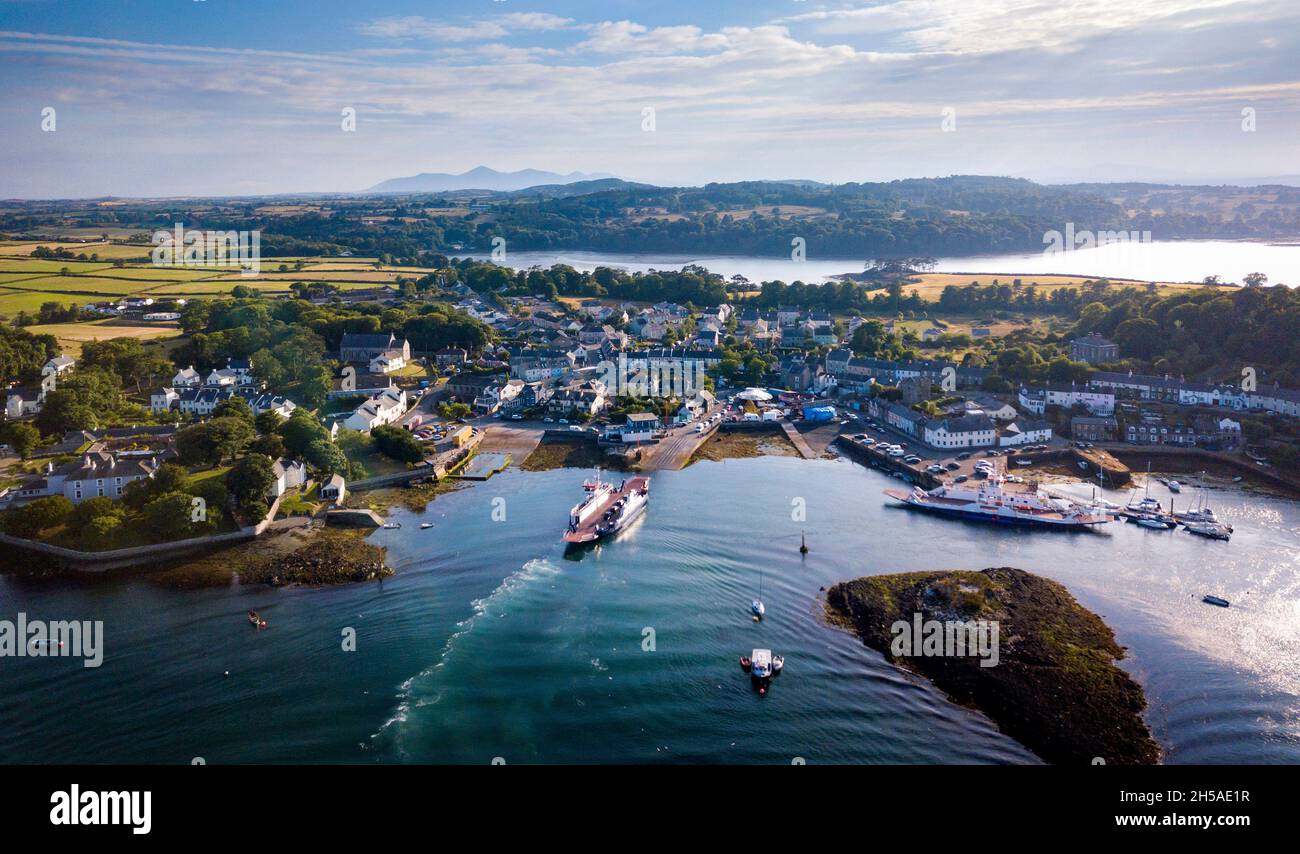 Aerial view over the ferry arriving at Strangford Town, County Down ...