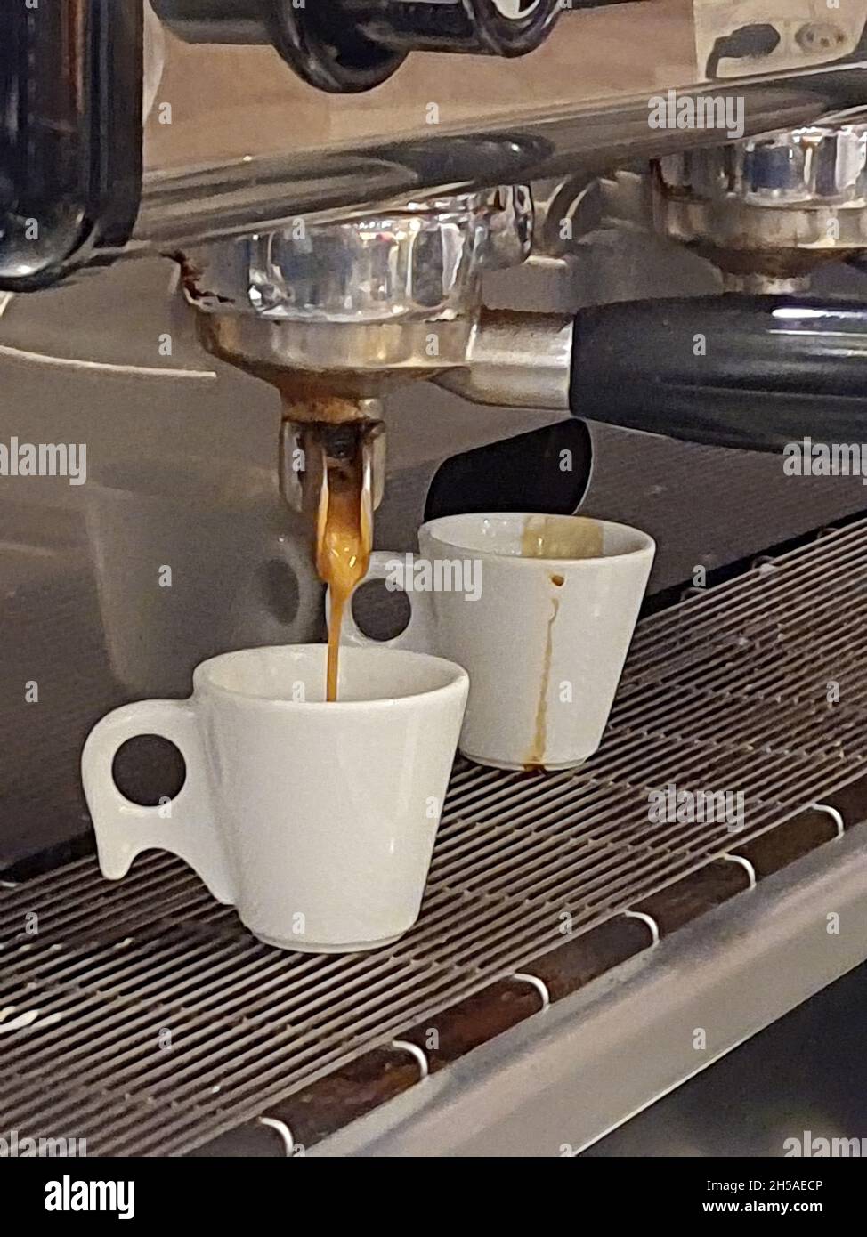 Espresso machine making fresh coffee in Brazilian bakery Stock Photo ...