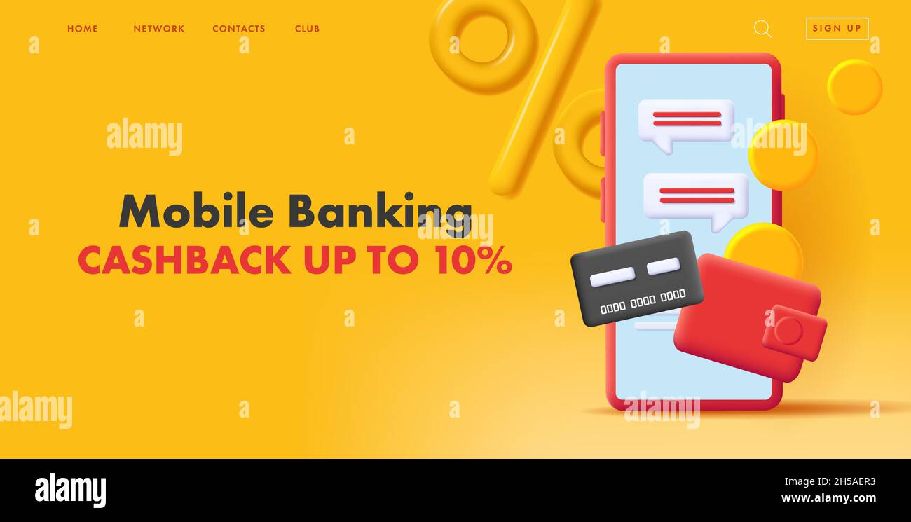 Mobile banking advertising banner with 3d illustration of a smartphone ...