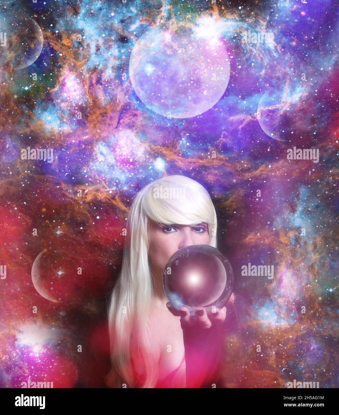 Psychic with Blond hair and Crystal Ball Space Galaxy Stock Photo - Alamy