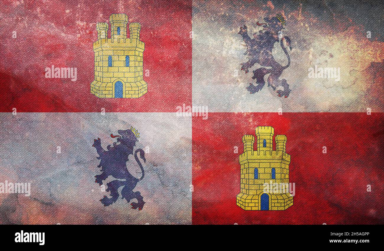 Top view of retro flag Castile and Leon, Spain with grunge texture ...