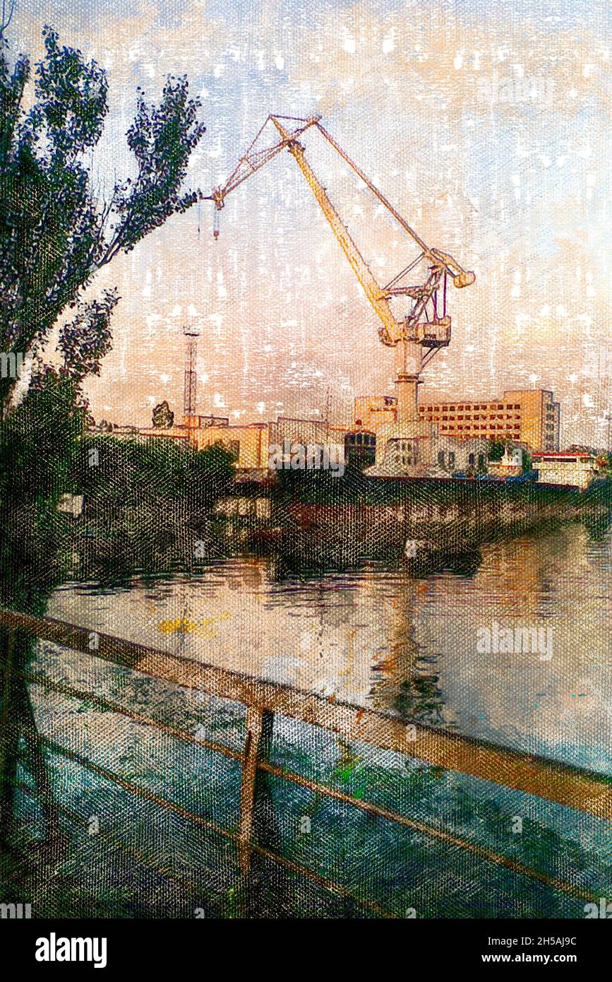 Sunset Sunbeams, Shipyard. A gantry crane in front of the production ...