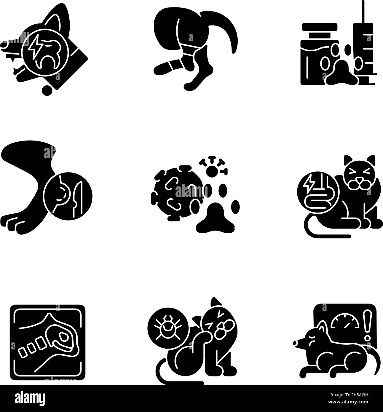 Pet physical injuries black glyph icons set on white space Stock Vector ...