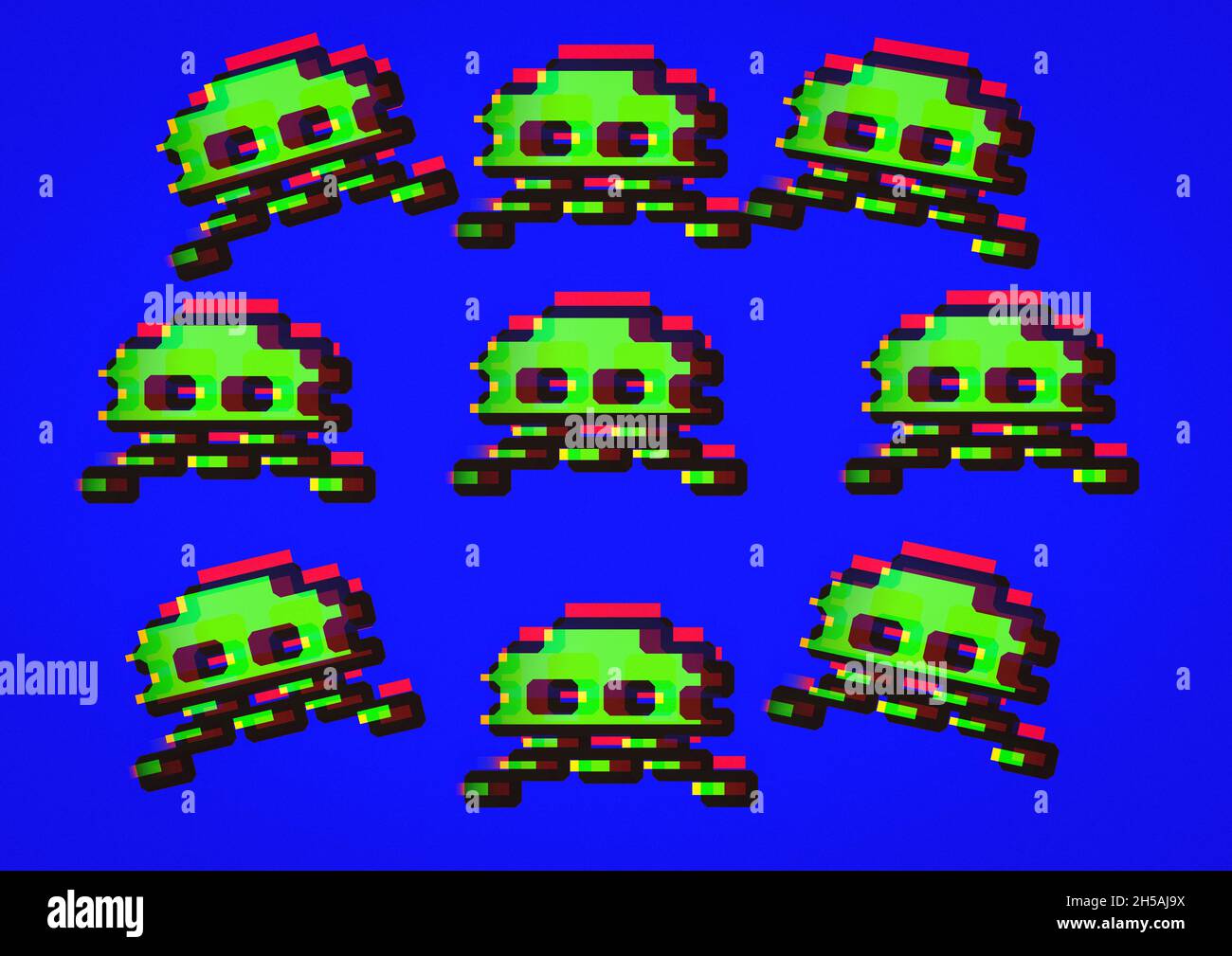 Pixel art Space Alien invaders on a blue background Stock Photo - Alamy