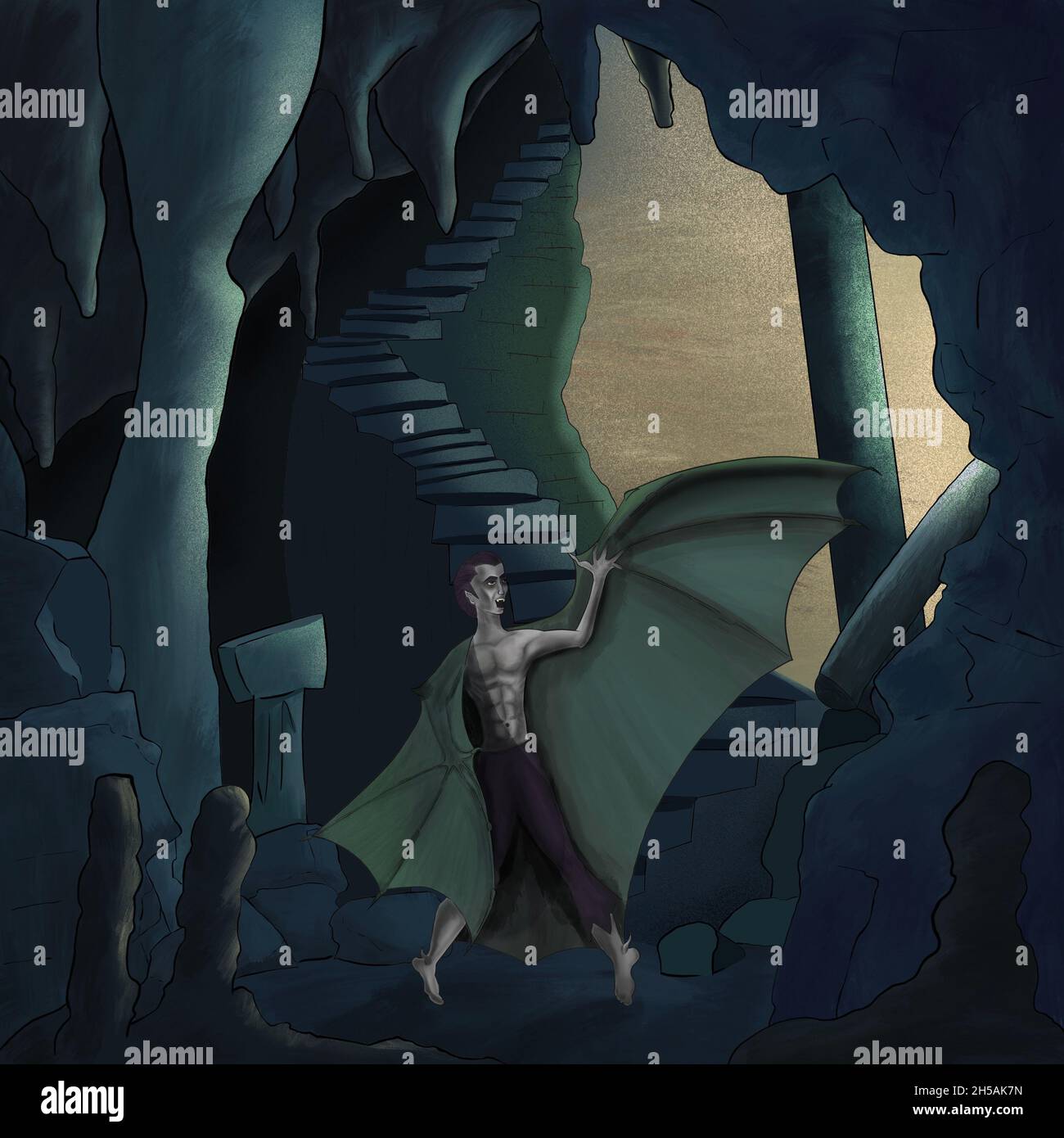 Winged creature hiding in a cave at dawn Stock Photo - Alamy
