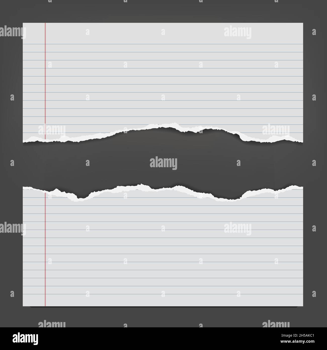 Set of torn white note, notebook paper pieces stuck on dark grey ...