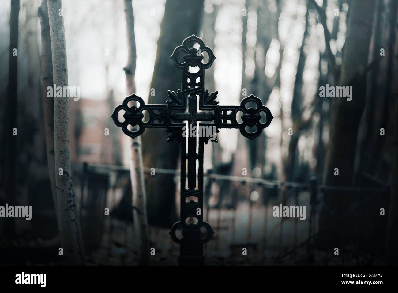 A black old Catholic cross stands in an abandoned cemetery among the ...