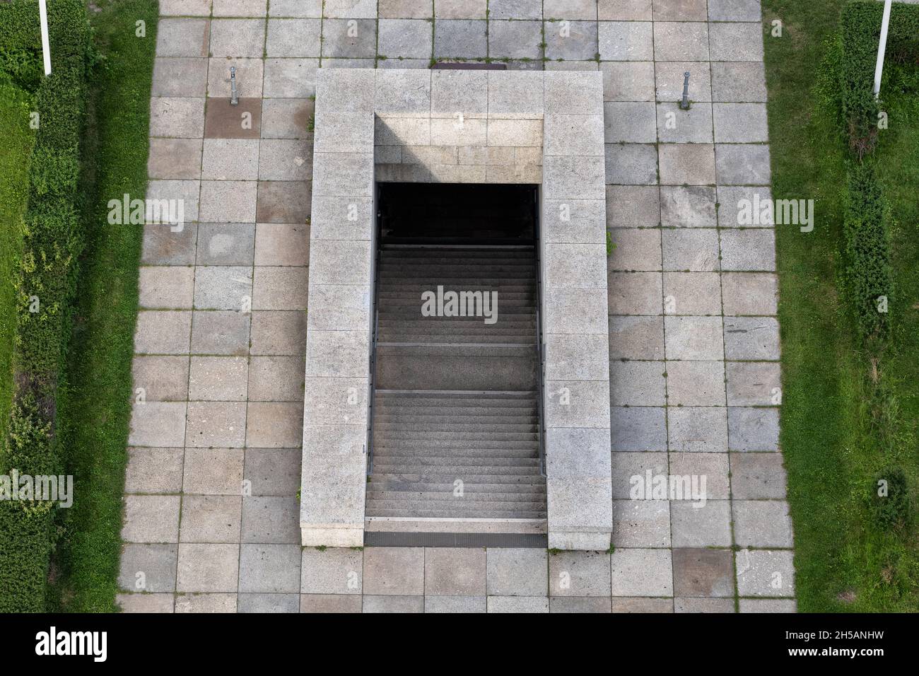 Aerial view over the entrance to underground passage, concrete ...