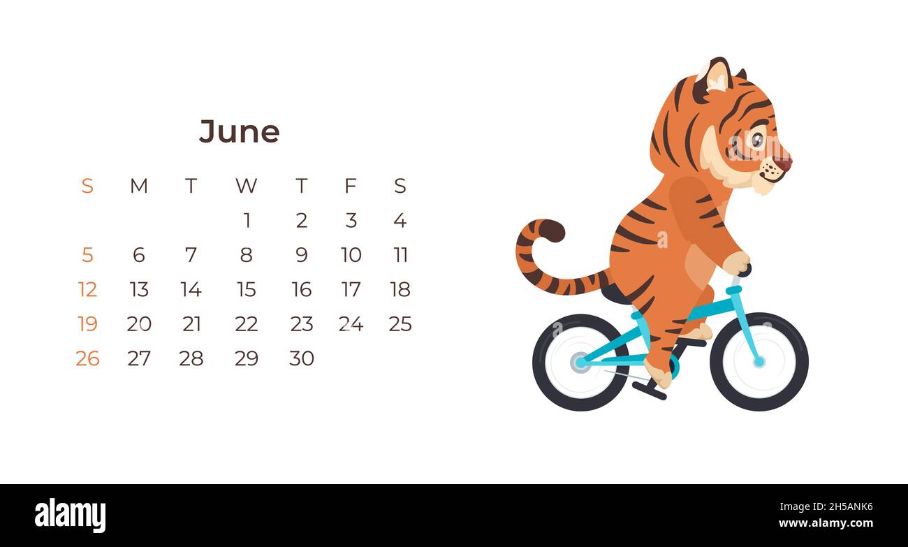 Cute cartoon tiger June 2022 horizontal calendar template Stock Vector ...