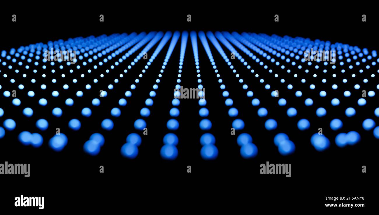 Blue dots aligned in lines with selective focus against black ...