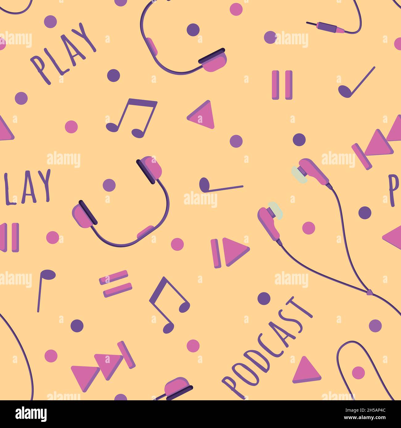 Seamless pattern of Podcast and audio icons in a flat style, headphones ...