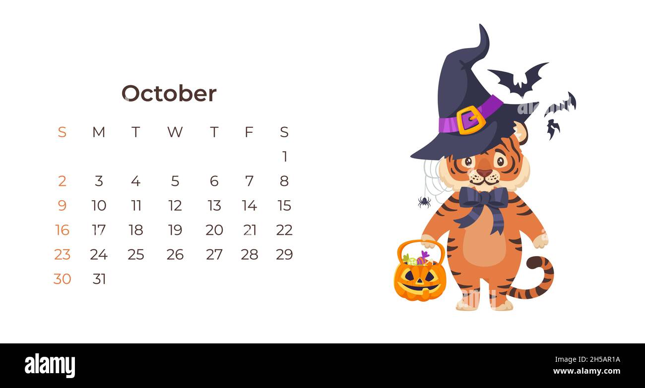 Cute cartoon tiger October 2022 calendar horizontal template Stock ...