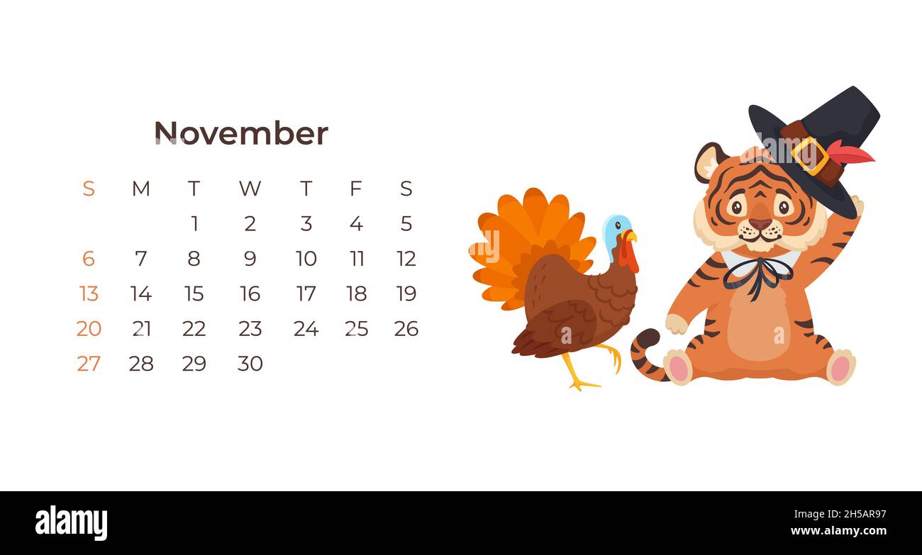 Cute cartoon tiger November 2022 calendar horizontal template Stock ...