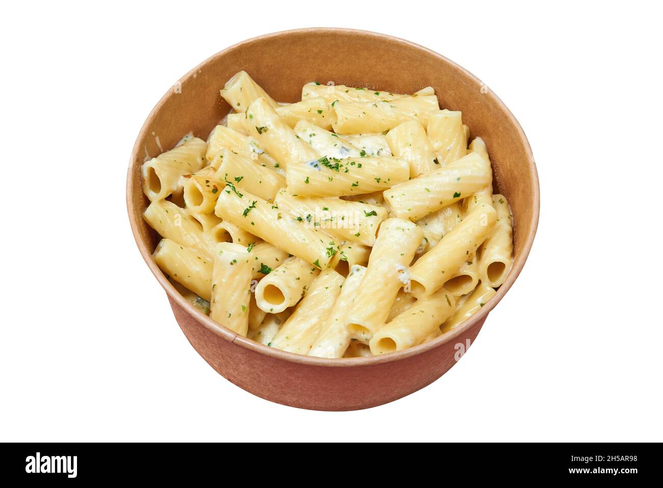 Delivery bucket box with penne and cheese. Isolated with clipping path ...