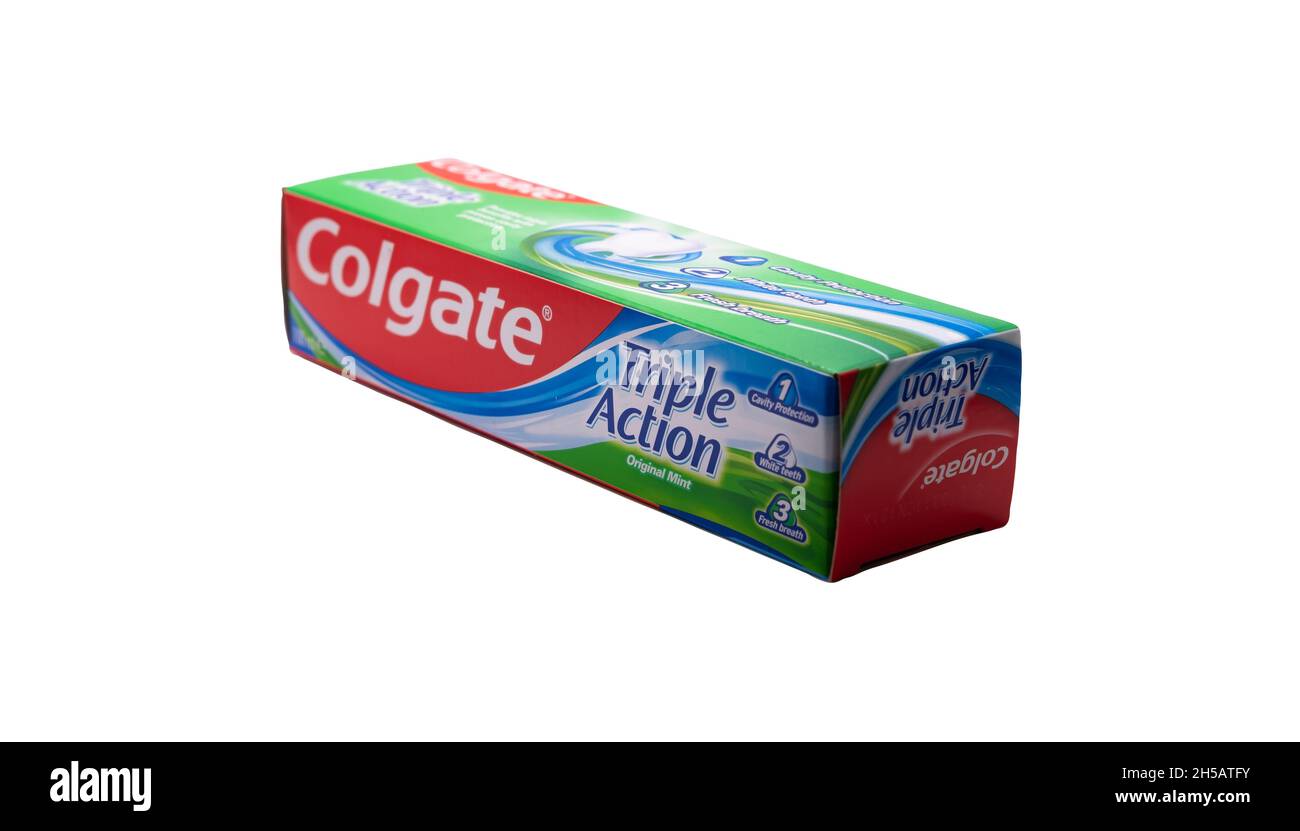 Norwich, Norfolk, UK – November 2021. A box of Colegate Triple Action ...