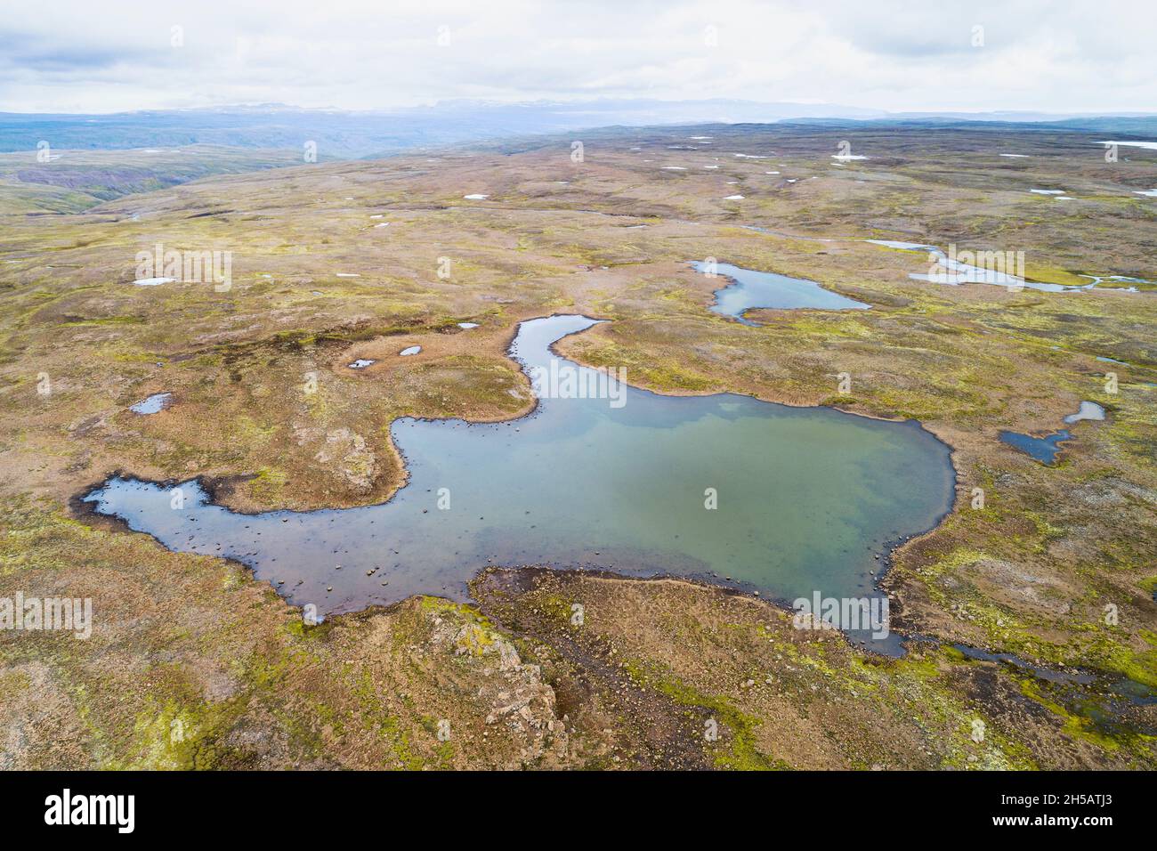 Aerial view of lakes on the Kollabudaheidi plateau, Westfjords, Iceland ...